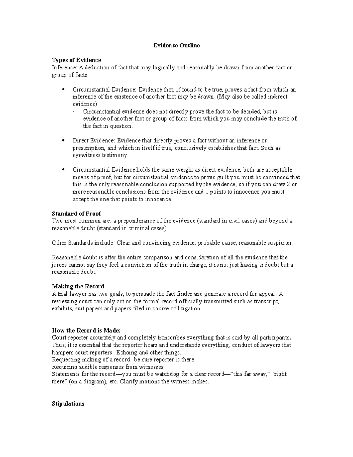 Evidence Outline Sample 1 - Evidence Outline Types of Evidence ...