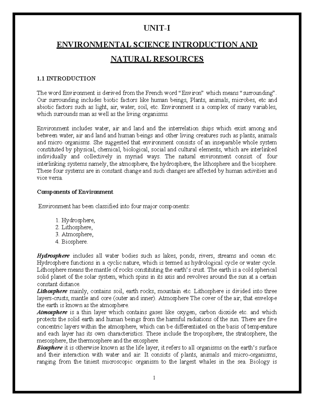 EVS Lecture Notes PDF - Introduction to Environmental Science - Studocu