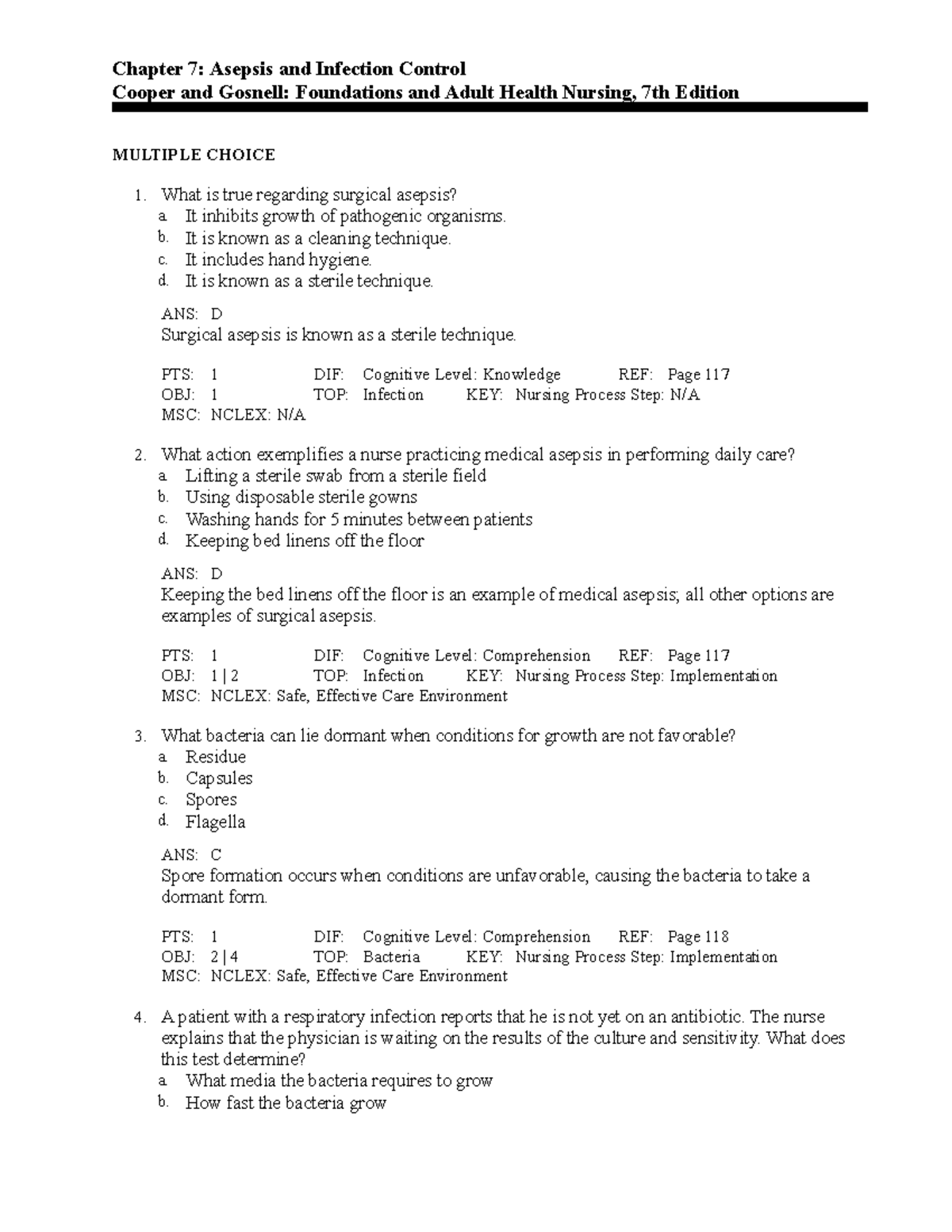 Ch 7 - ch7 - Chapter 7: Asepsis and Infection Control Cooper and ...