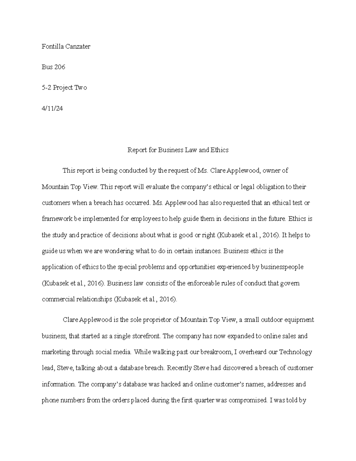 5-2 Project - Fontilla Canzater Bus 206 5-2 Project Two 4/11/ Report ...