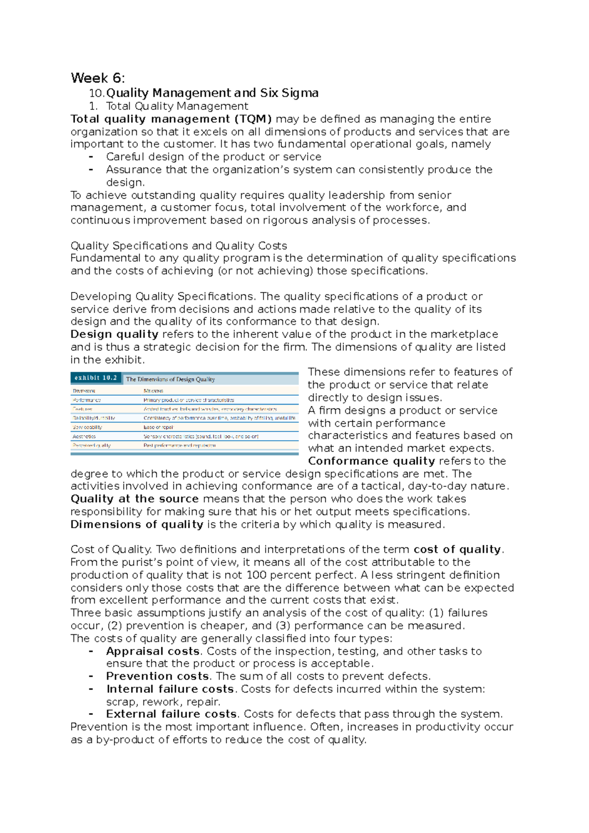 Chapter 10 - Quality Management & Six Sigma Overview - Studeersnel