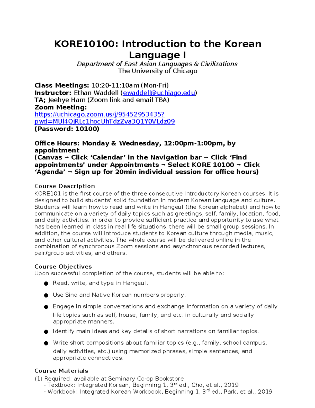 KORE10100 Syllabus: Intro to Korean Language I - Fall 2020 - Studocu
