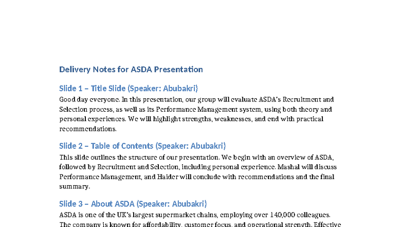 ASDA Recruitment & Performance Management Presentation Notes - Studocu