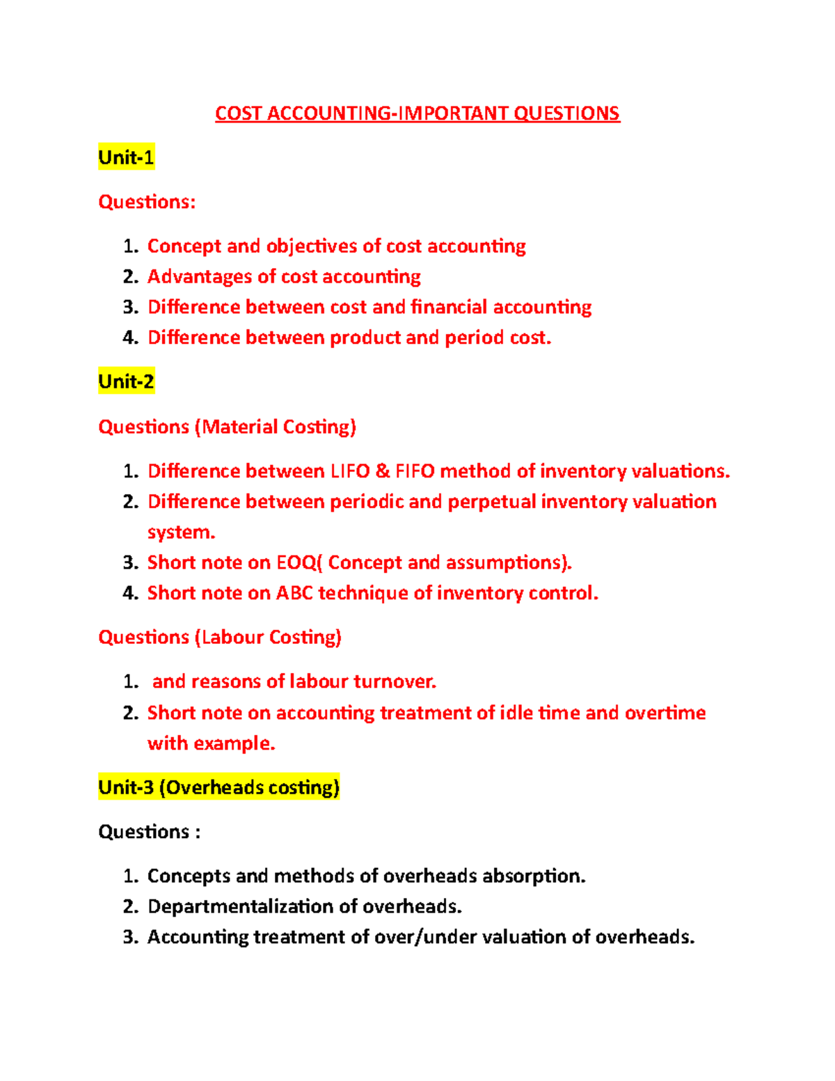 COST Accounting Important Questions for Exam Preparation - Studocu