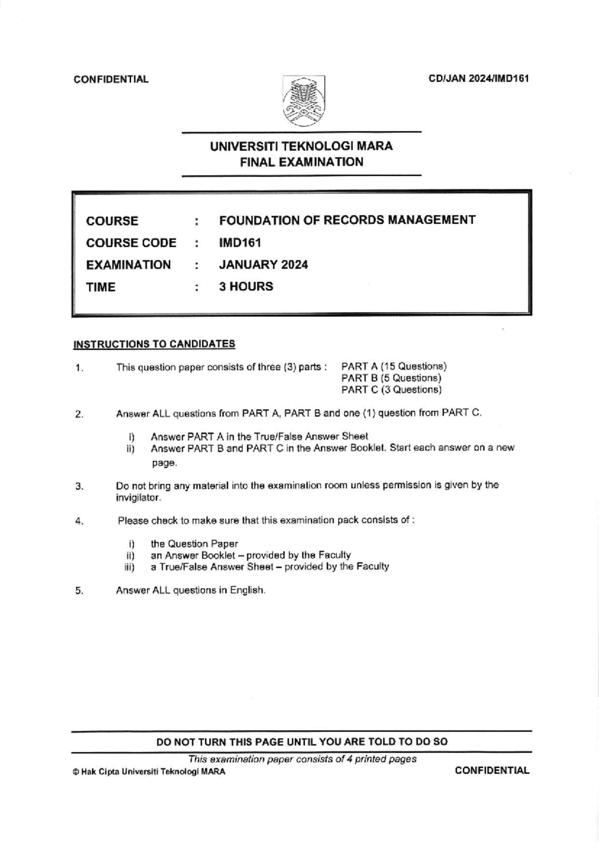 IMD161 Final Exam Paper: Foundation of Records Management - Studocu
