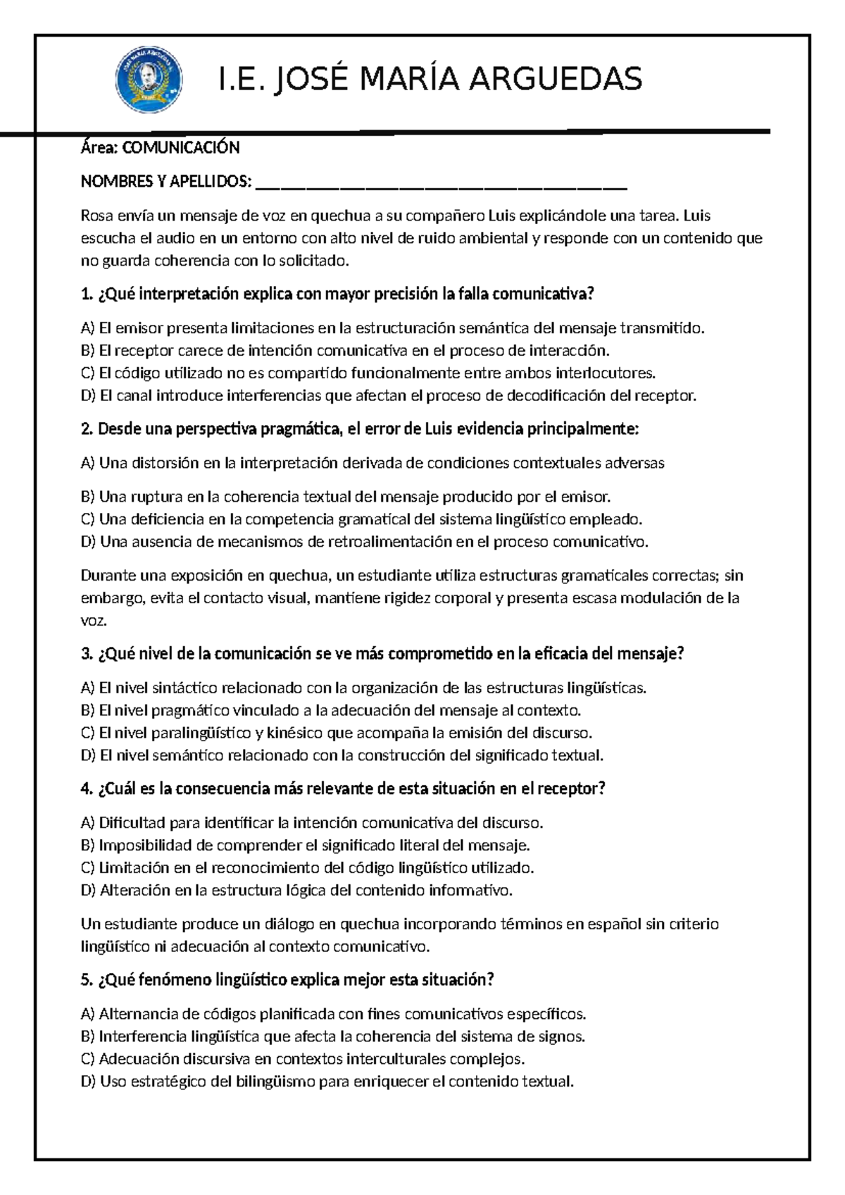 I.E. JOSÉ MARÍA ARGUEDAS - Práctica de Comunicación en Quechua - Studocu