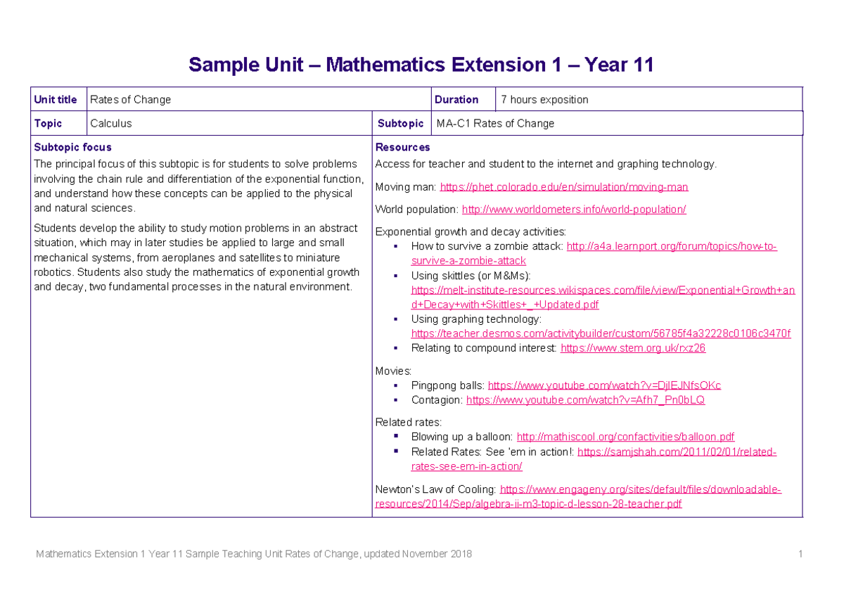 Mathematics Extension 1 Year 11 Sample Unit: Rates of Change Overview ...