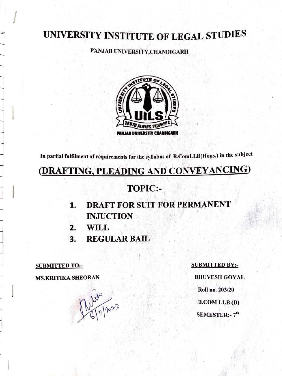 B.ComLLB(Hons.) Drafts: Suit for Permanent Injunction, Will & Bail ...