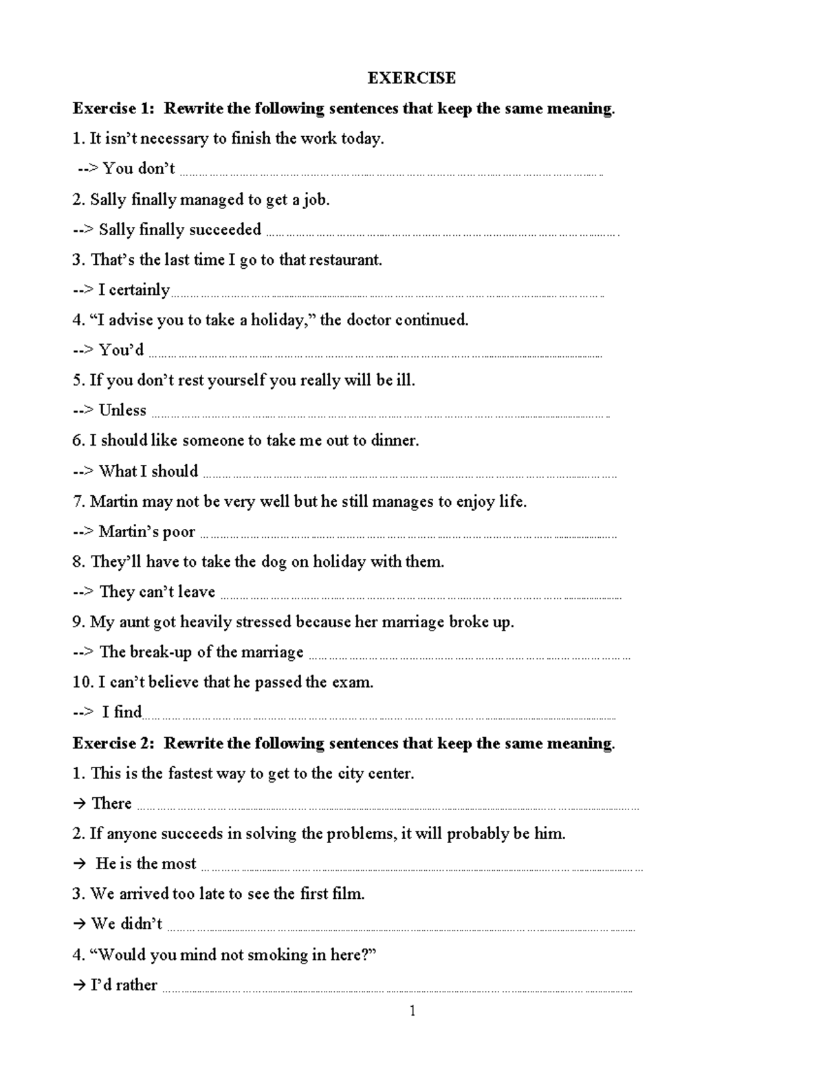 English Exercise 1-10: Sentence Rewriting Practice - Studocu