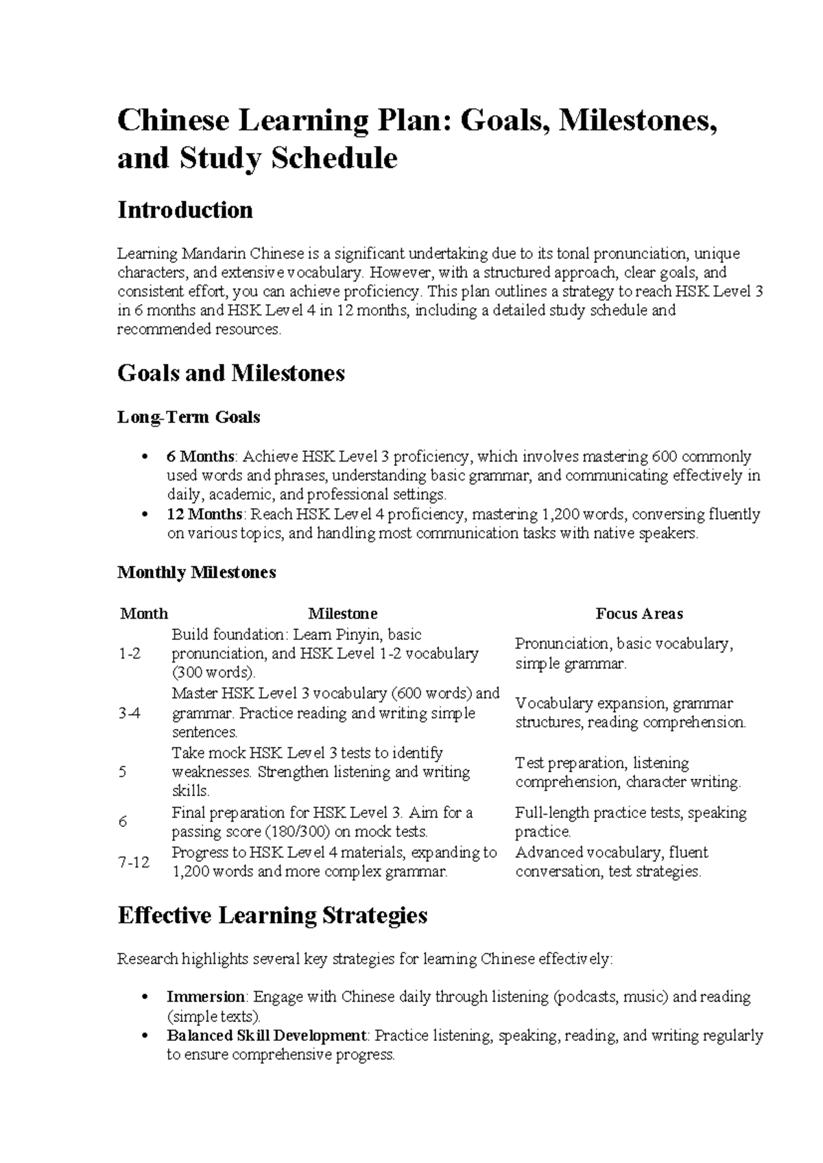 Chinese Learning Plan: HSK Level 3 & 4 Goals and Study Schedule - Studocu