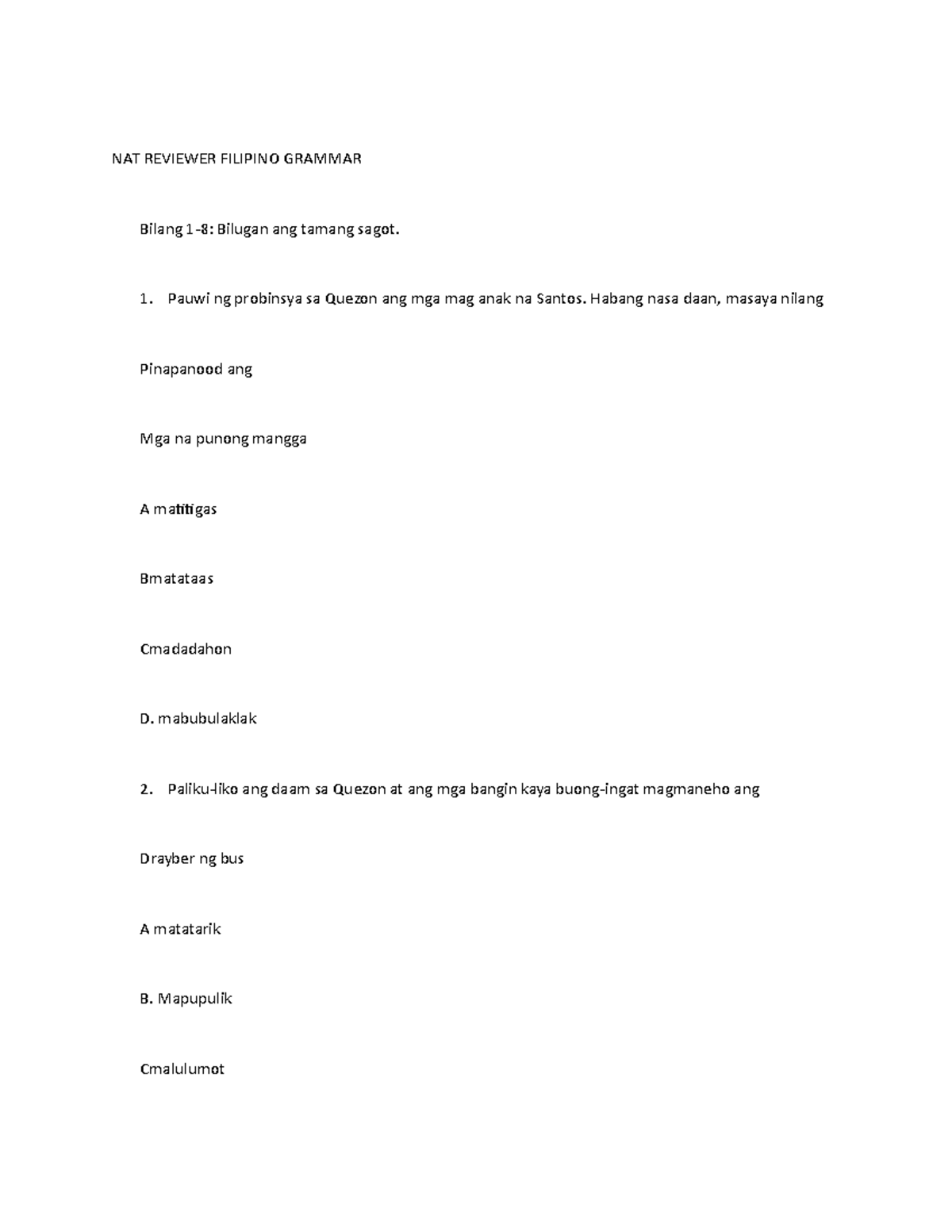 NAT Filipino - Comprehensive Grammar Reviewer and Answer Key - Studocu