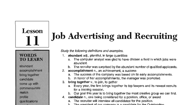 TOEIC Lesson 11: Job Advertising & Recruiting Vocabulary Guide - Studocu