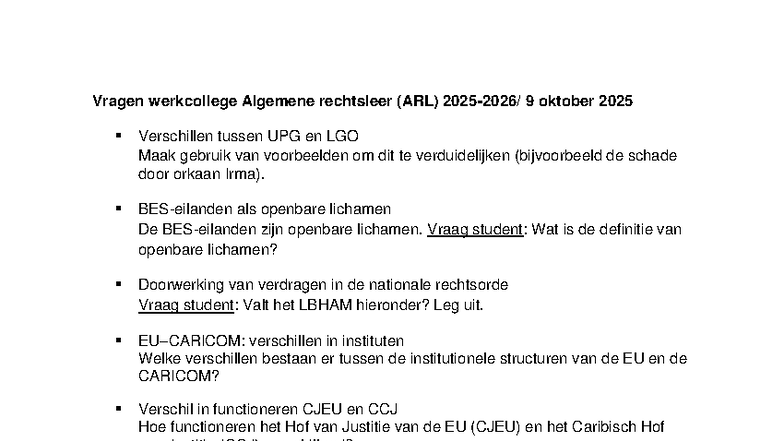 Vragen Werkcollege Algemene Rechtsleer (ARL) 2025-2026: UPG vs. LGO - Studocu