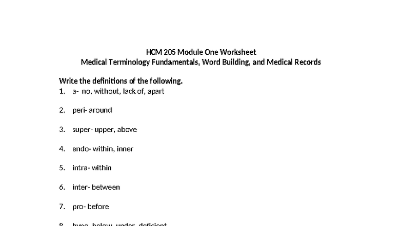 HCM 205 Module 1 Worksheet: Medical Terminology & Word Building - Studocu