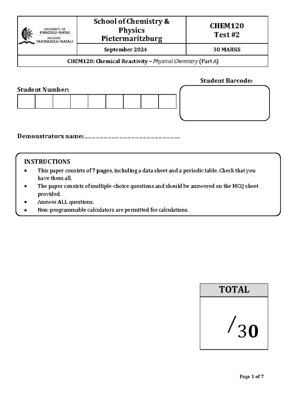 CHEM120: Chemical Reactivity Test 2 Practice Questions September 2024 ...