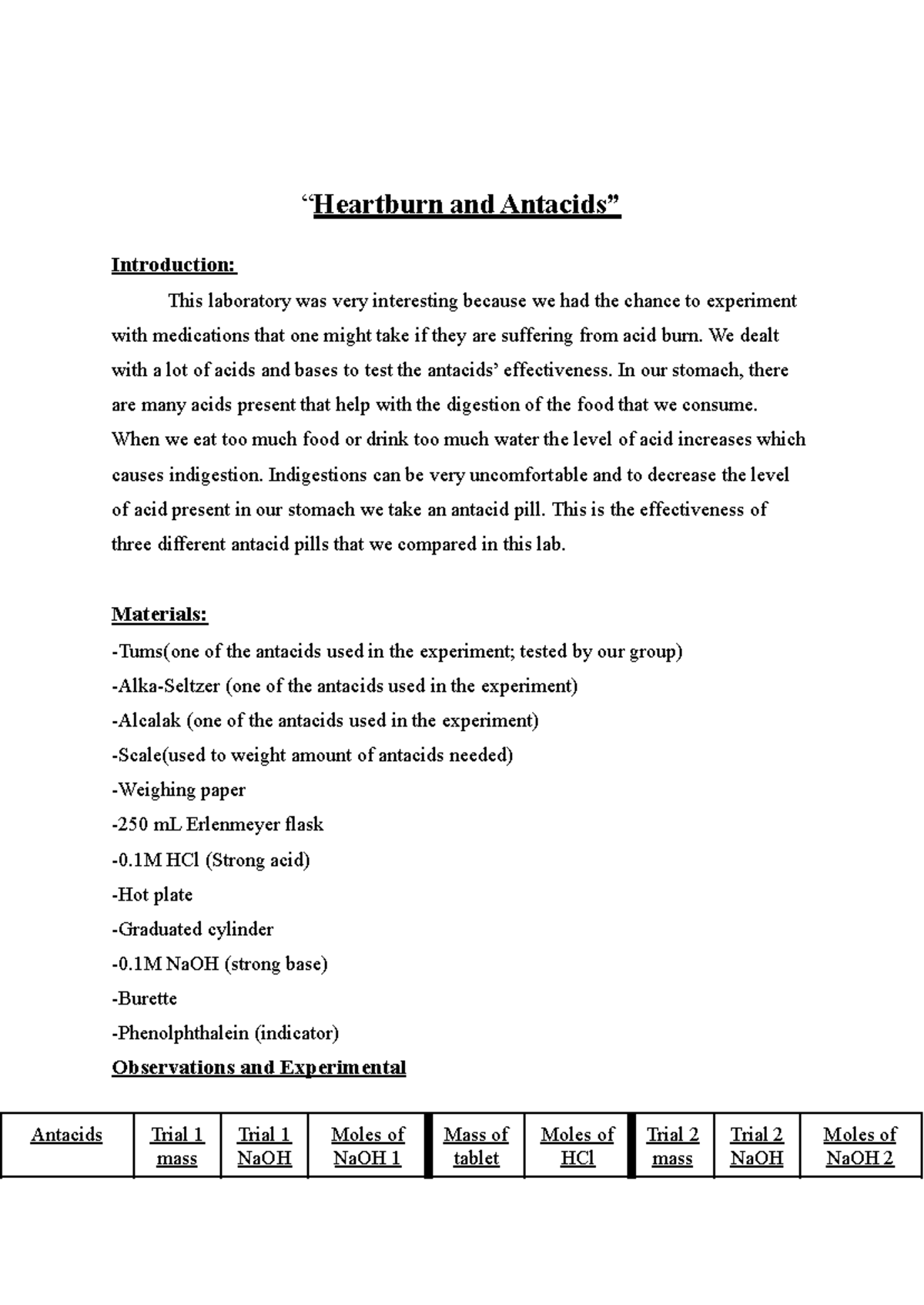 Lab 12 Report on Antacid Effectiveness in Chem 106 - Studocu