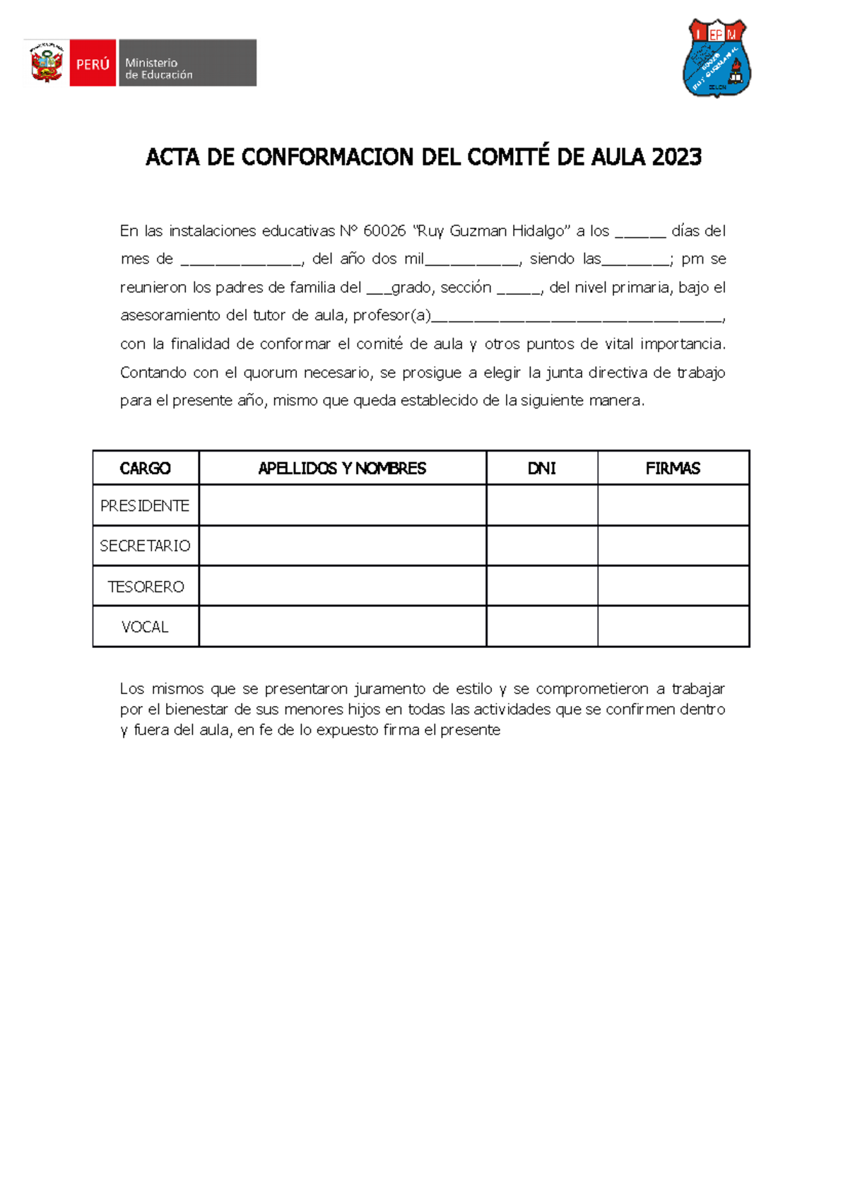 ACTA DE Conformación DEL Comité DE Aula 2023 - N° 60026 - Studocu