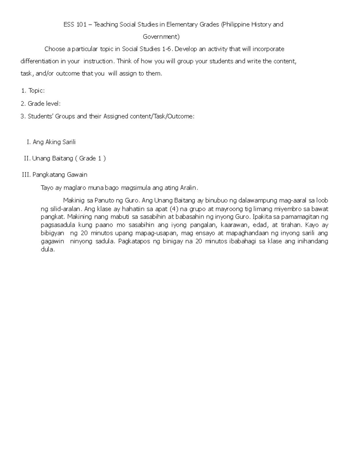 ESS 101 Lesson Plan: Differentiated Activities in Social Studies - Studocu