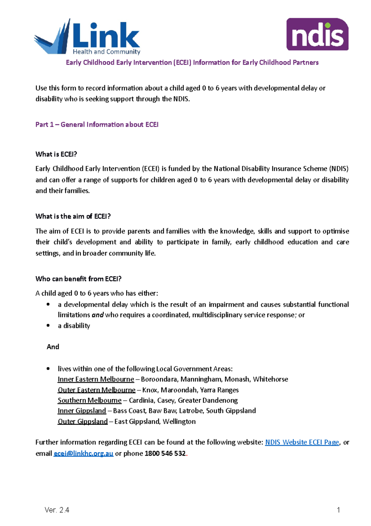 NDIS ECEI Support Referral Form for Children Aged 0-6 Years - Studocu