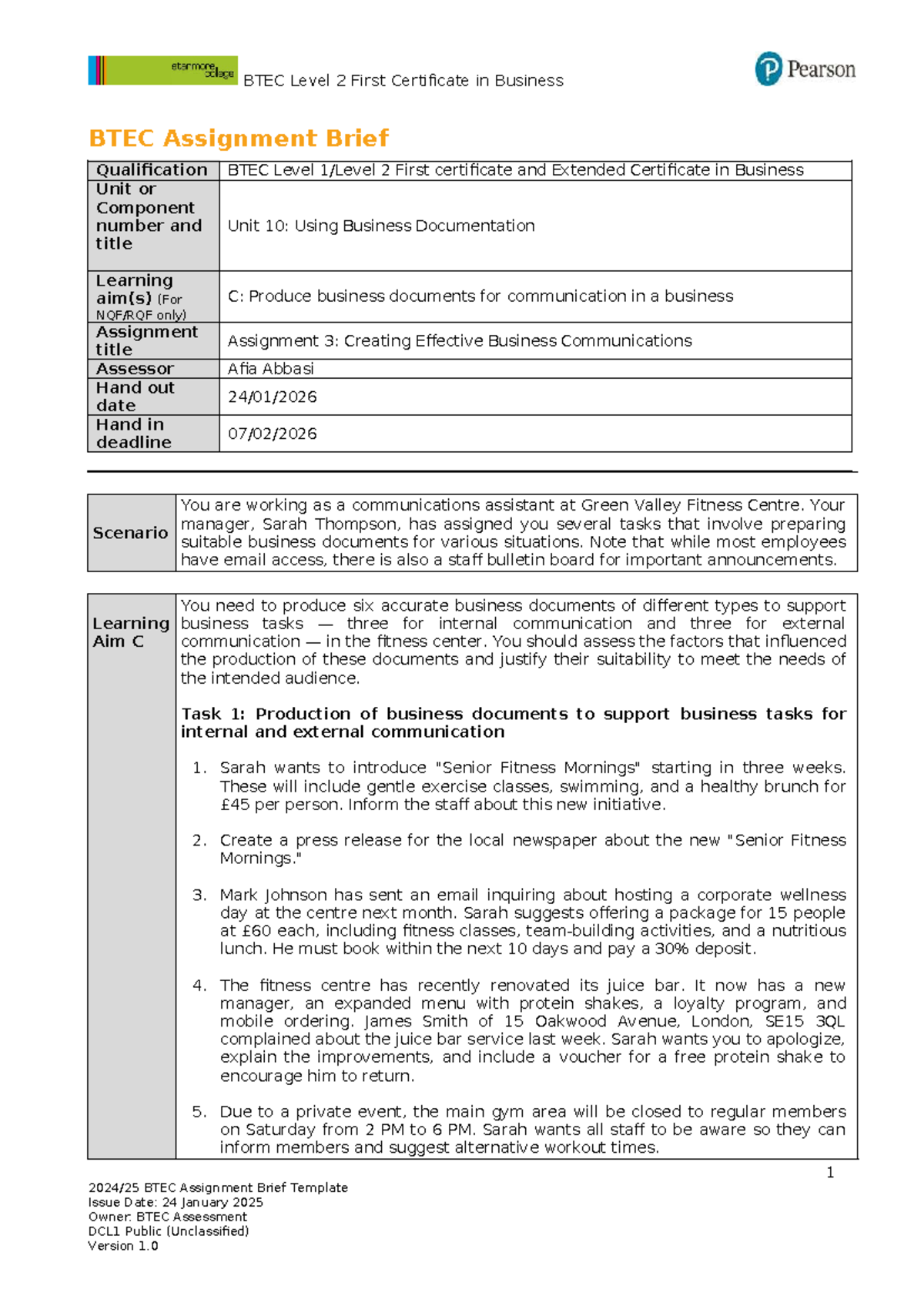 BTEC Level 2 Business Assignment 3: Effective Business Communications ...