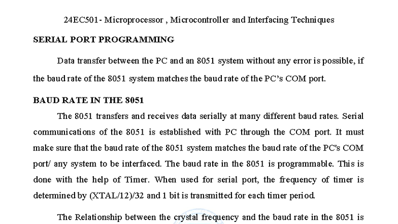 Serial Communication Techniques: PC and 8051 Interfacing (Microprocessor) - Studocu