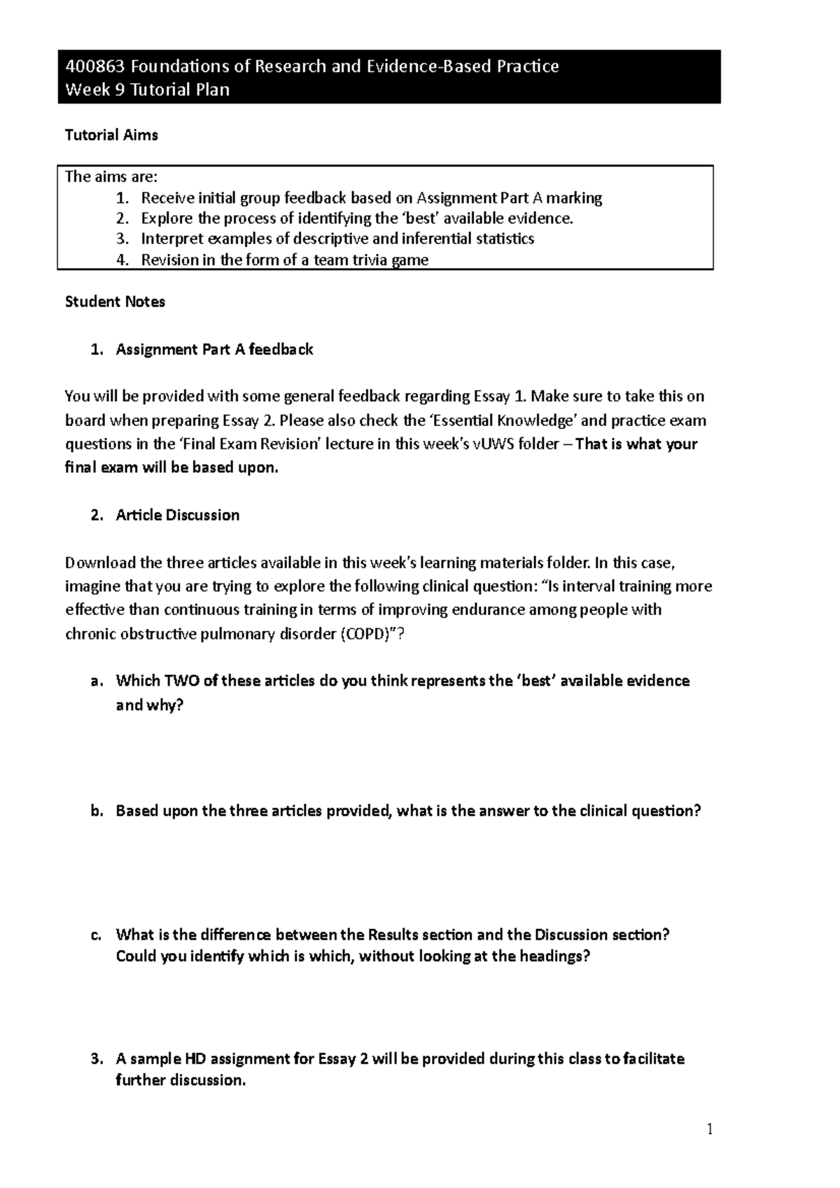 Tutorial Guideline - 400863 Foundations of Research and Evidence-Based ...