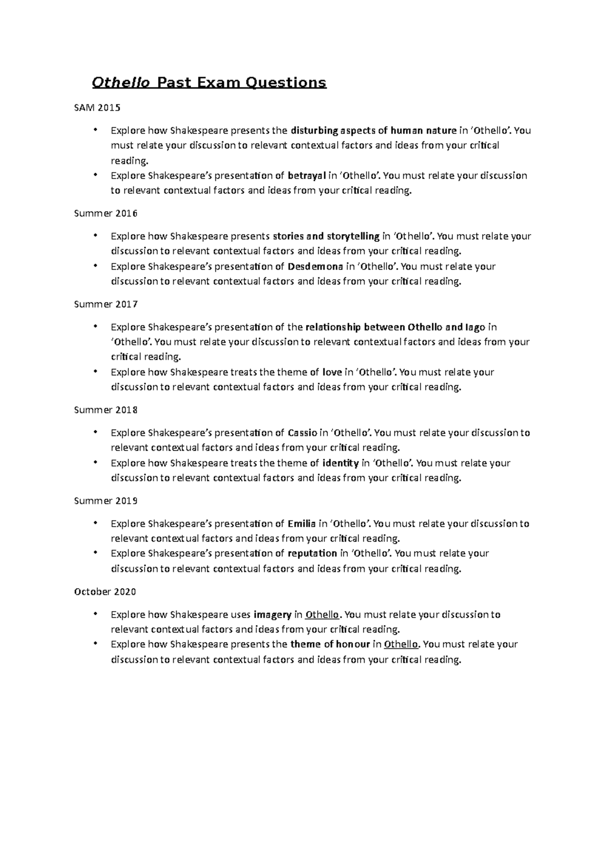 Othello Past Exam Questions - You must relate your discussion to ...