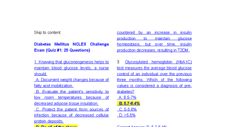 Diabetes Mellitus NCLEX Challenge Exam (Quiz 25 Questions) - Studocu