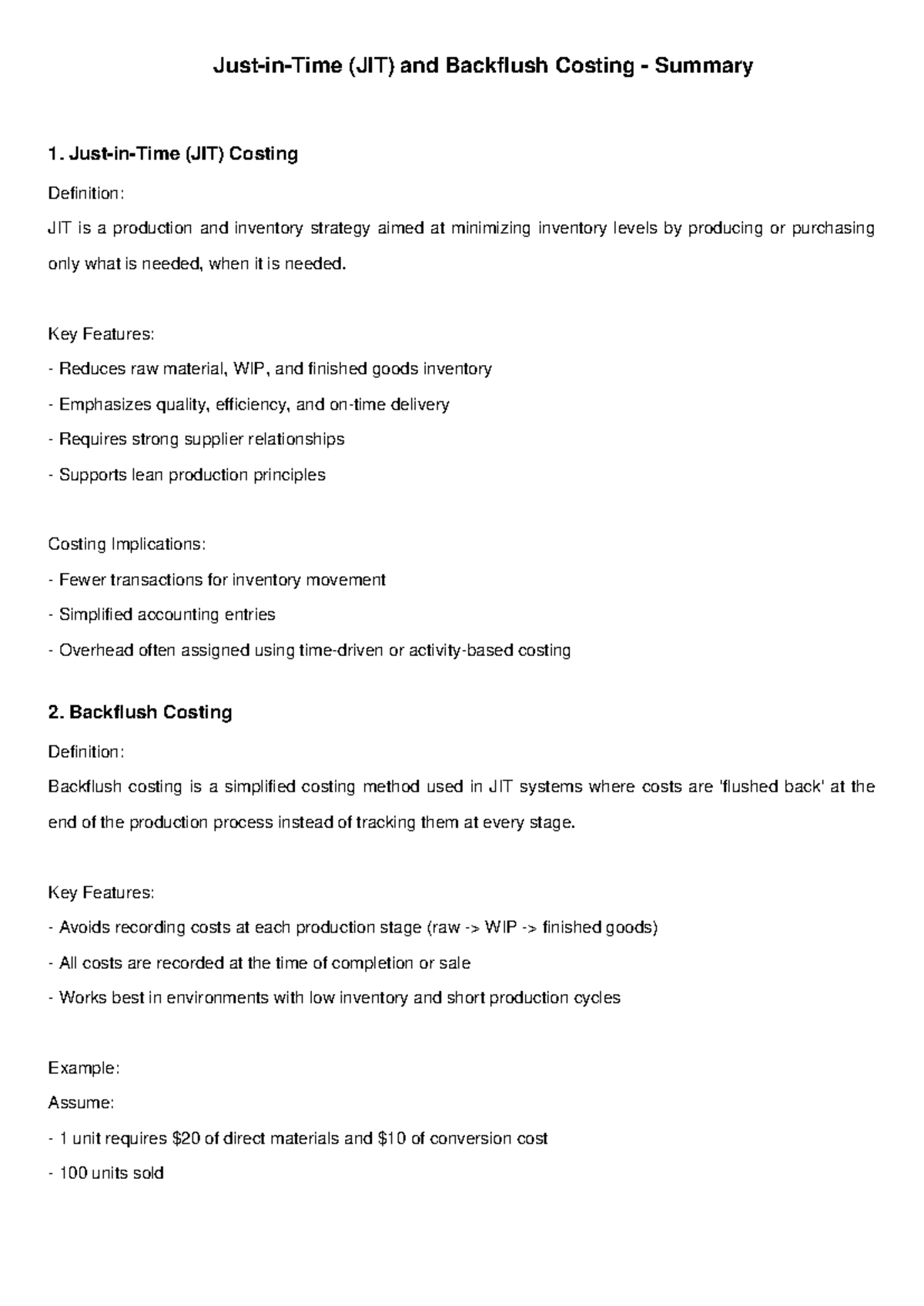 JIT & Backflush Costing Summary: Key Features & Implications - Studocu
