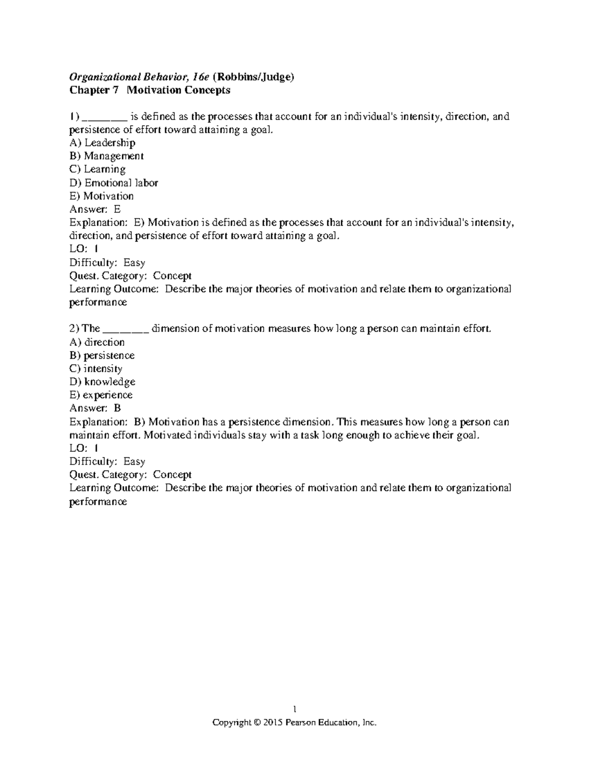 Chapter 7 - Motivational Theories Test Bank (OB 16e) - Studocu