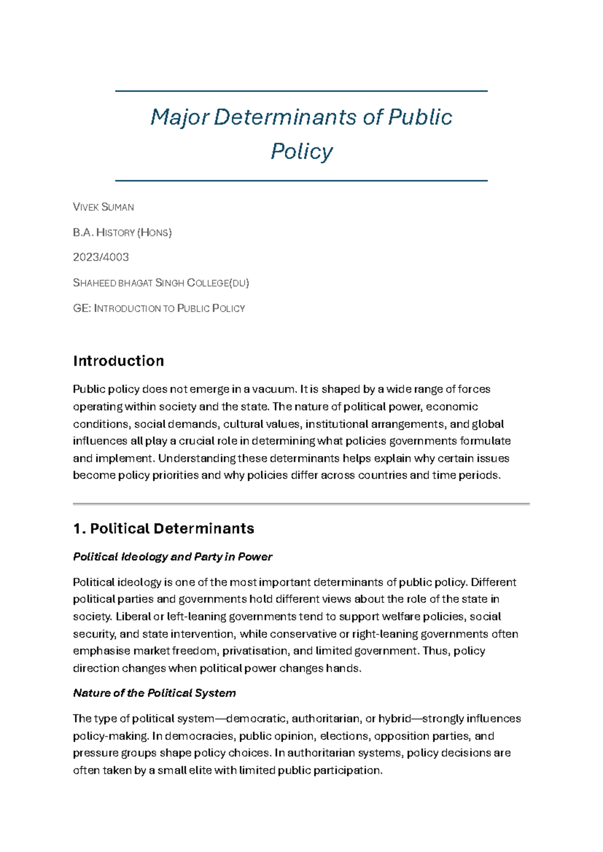 Major Determinants of Public Policy - B.A. History (Hons) Essay Notes ...