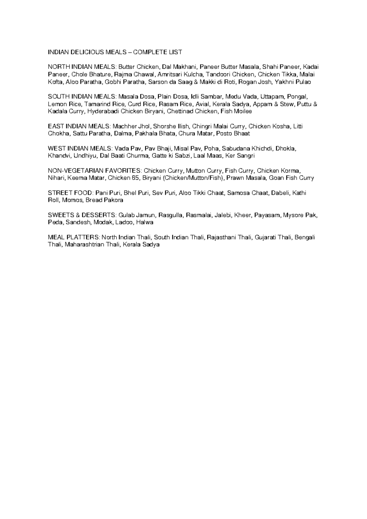 Indian Delicious Meals: Complete List of North, South, East & West ...