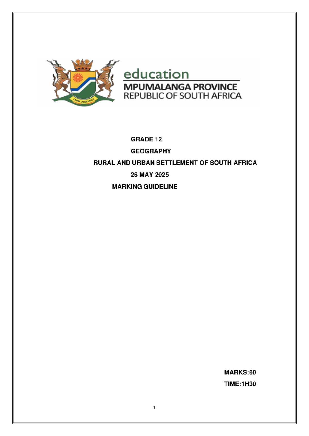GRADE 12 GEOGRAPHY RURAL & URBAN SETTLEMENTS MARKING GUIDELINE - Studocu