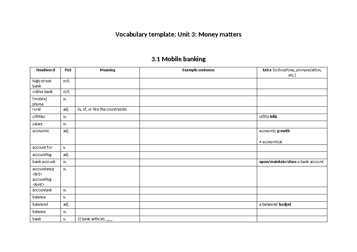 U3 Vocabulary Template: Money Matters & Mobile Banking Terms - Studocu