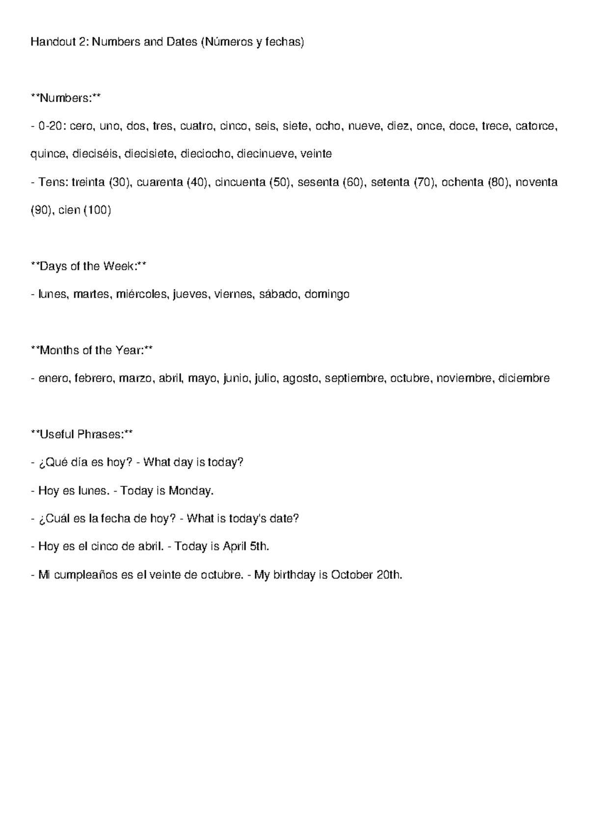Handout 2: Numbers and Dates in Spanish (Números y fechas) - Studocu