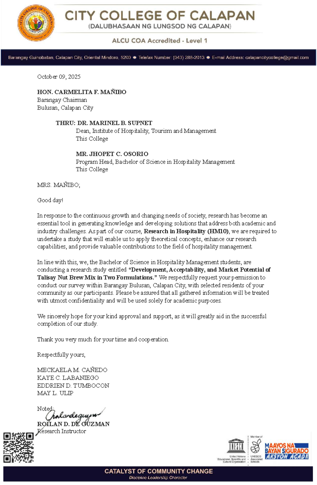 Research Request Letter for HM10: Talisay Nut Brew Mix Study - Studocu