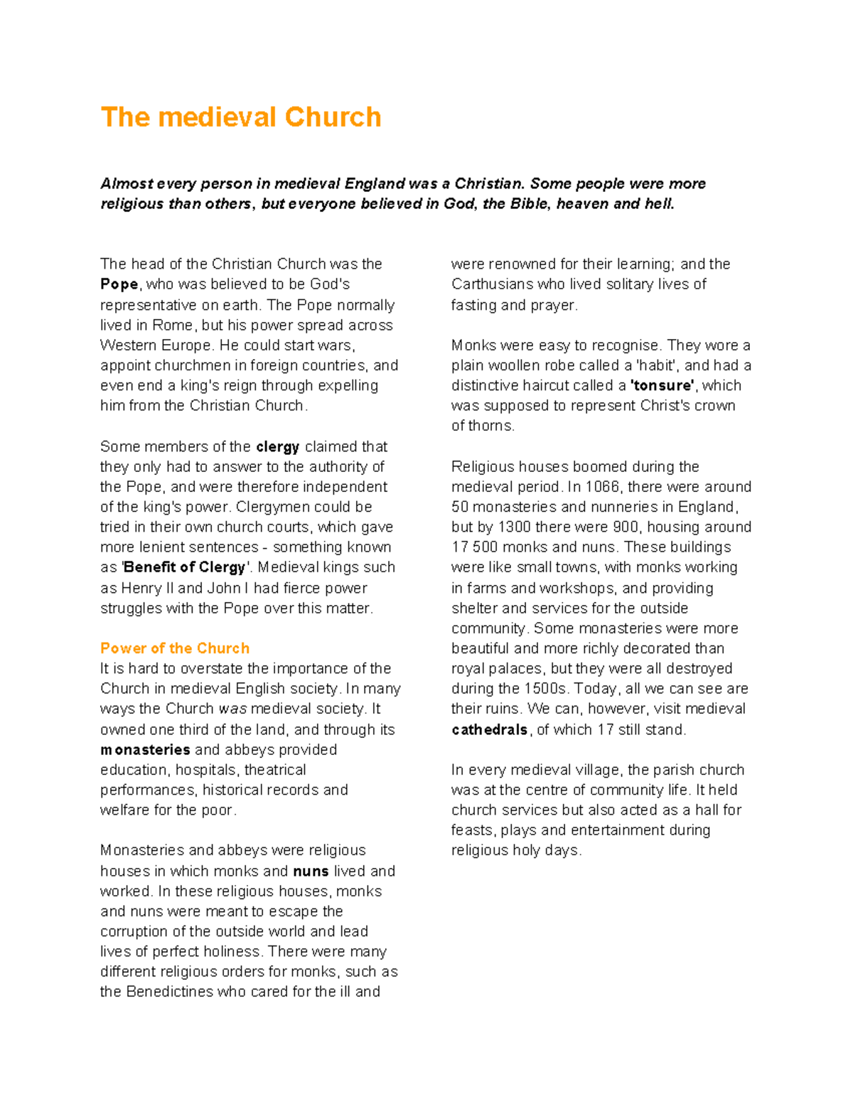 The Medieval Church in England - Reading Sheet Analysis - Studocu