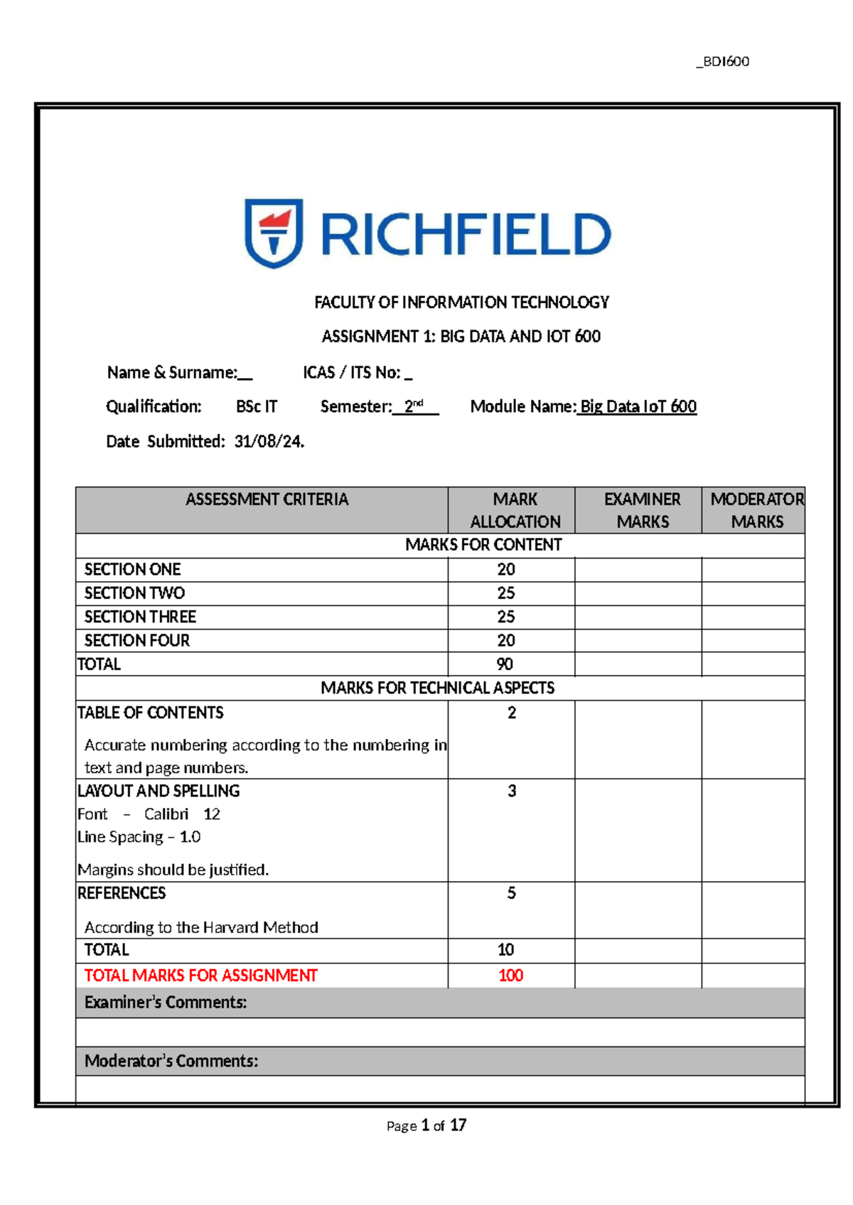 BDI600 Assignment 1: Big Data & IoT Analysis and Insights - Studocu