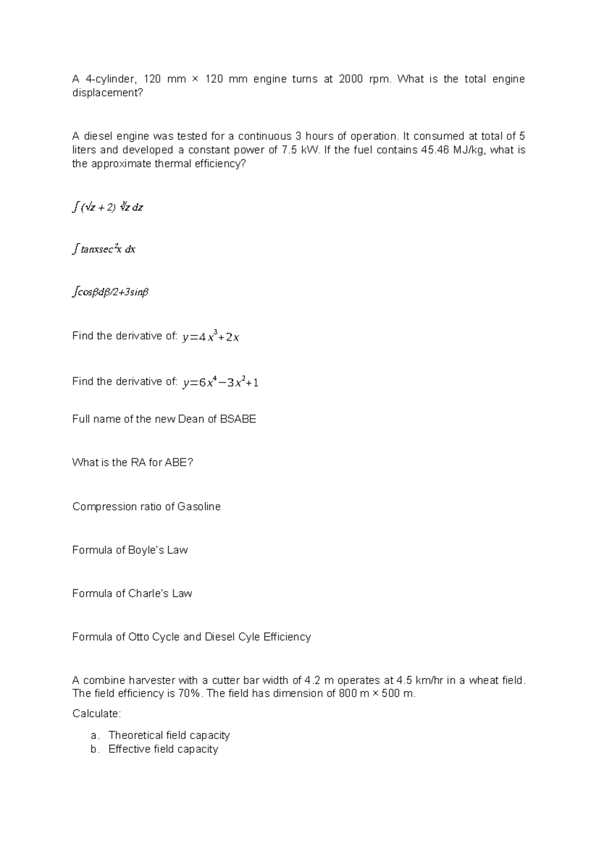 ABE RACE Questions - Engine Displacement & Efficiency Calculations ...