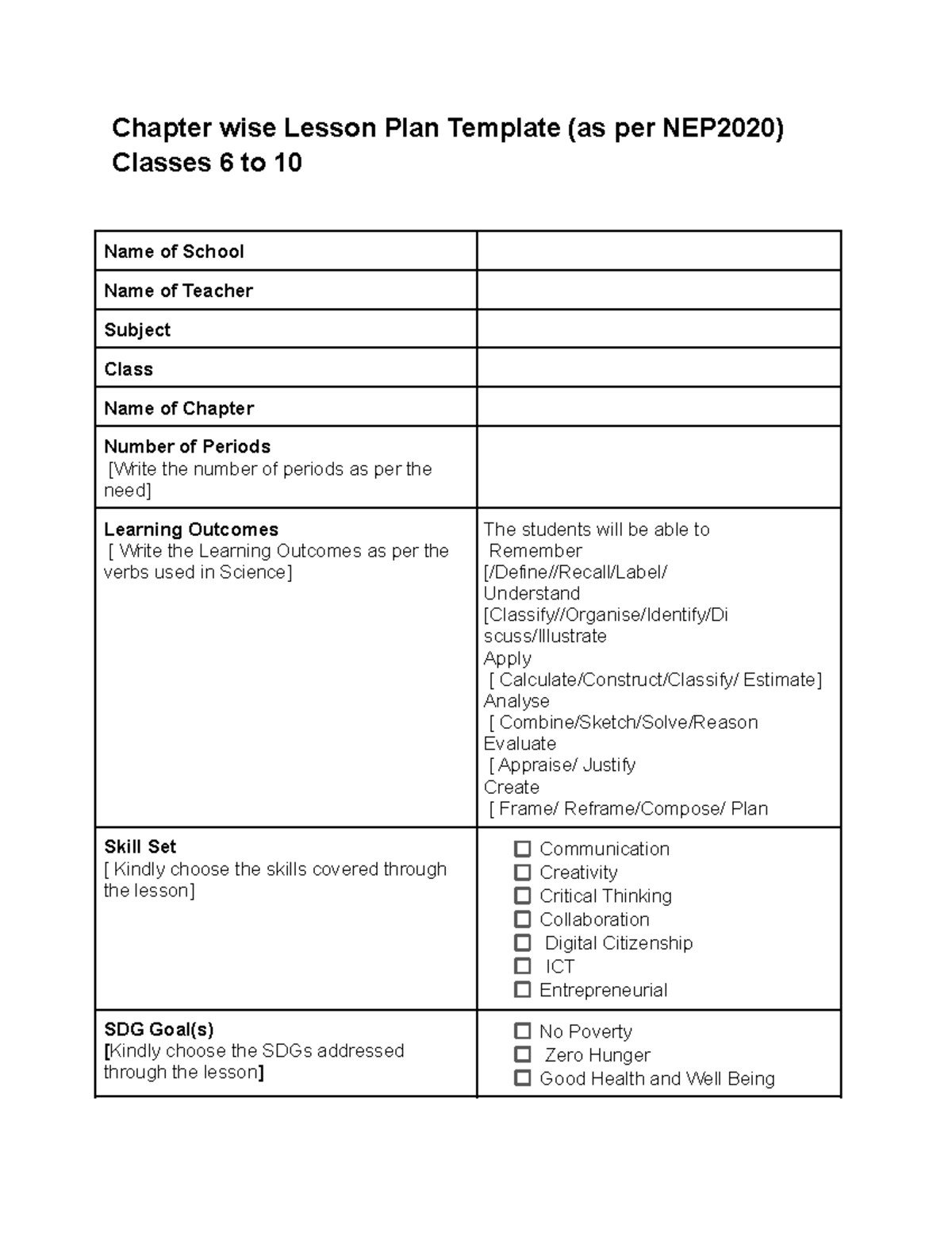 Lesson Plan Template (as per NEP2020) - W/H/Activity Day 1 Day 2 Day 3 ...