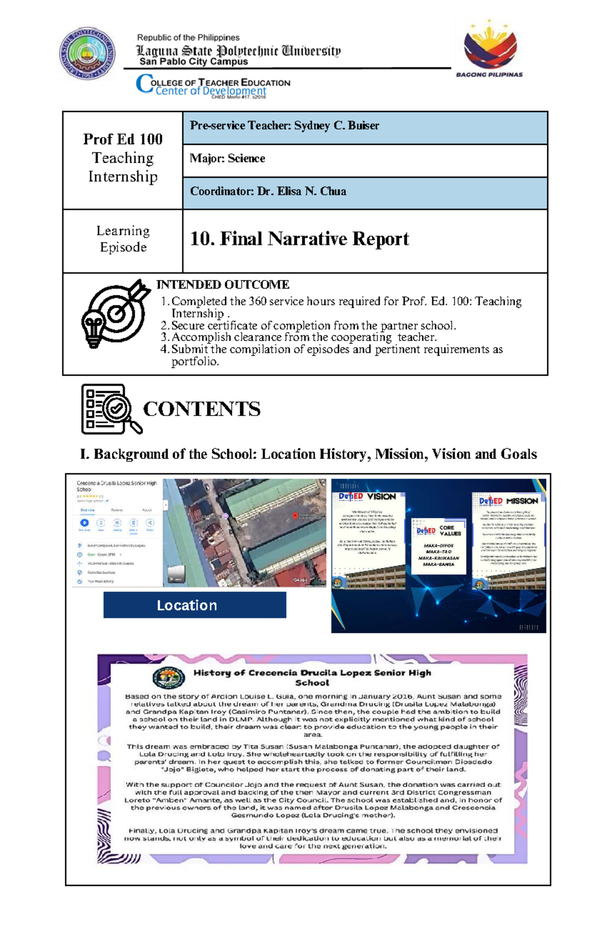 Prof. Ed 100: Final Narrative Report on Teaching Internship by Sydney C ...