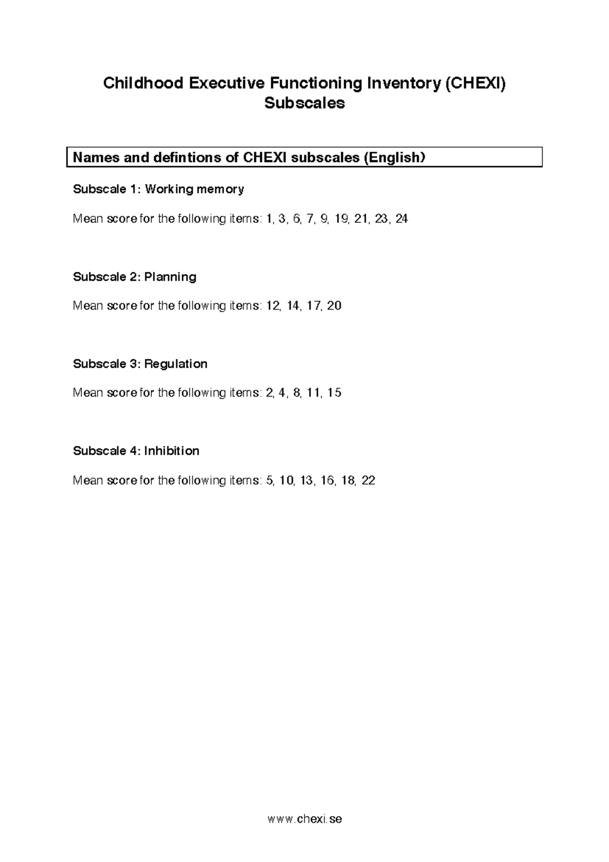 CHEXI Subscales: Definitions & Mean Scores for Childhood EF - Studocu