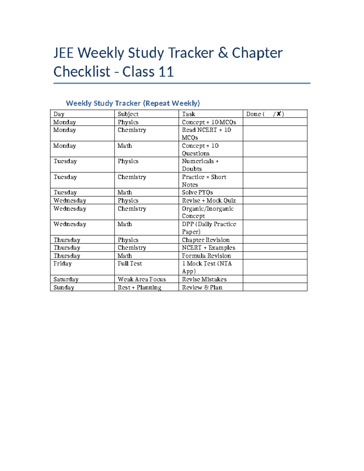 JEE Weekly Study Tracker Checklist for Class 11 (PCM) - Studocu