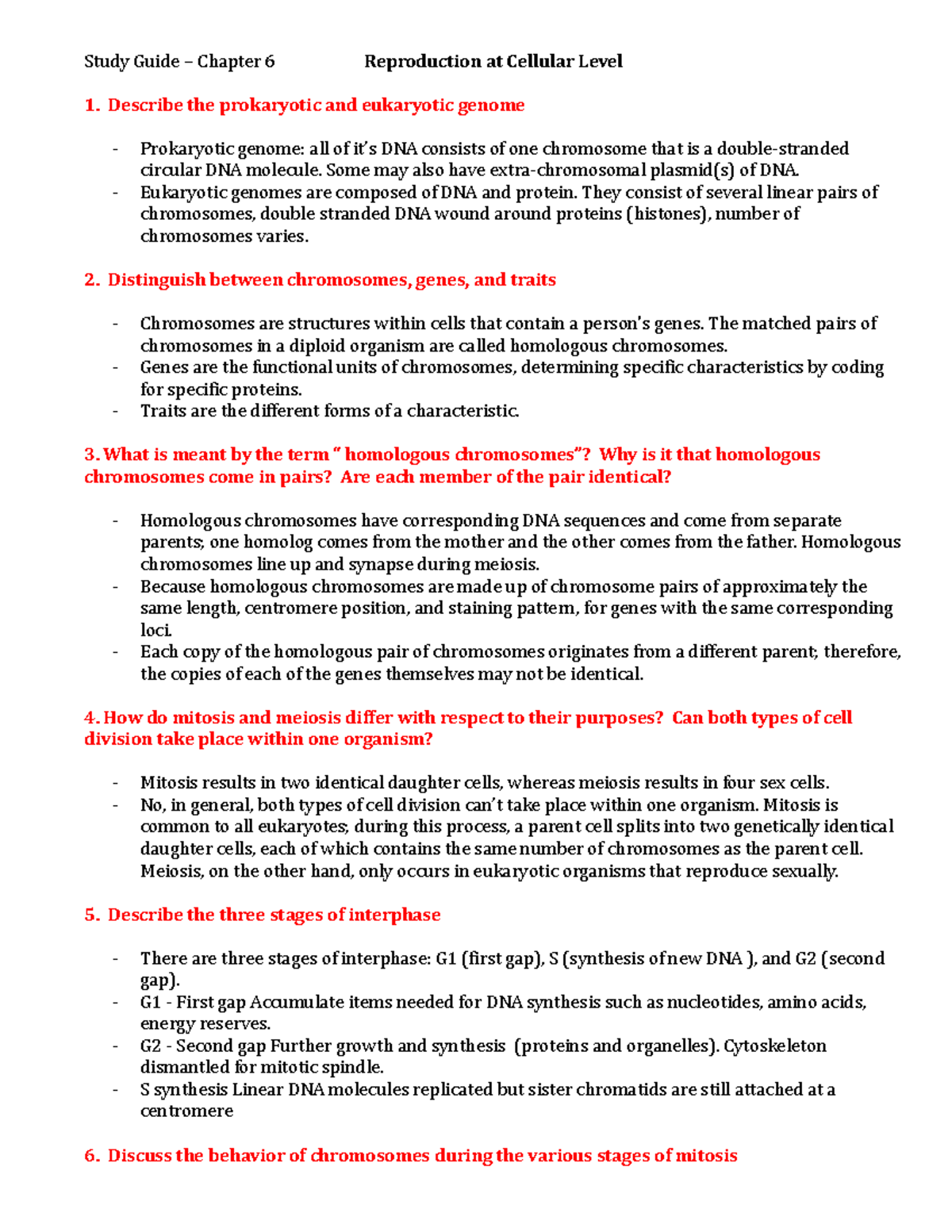 Chapter 6 Study Guide - Cellular Reproduction in Intro to Biology - Studocu