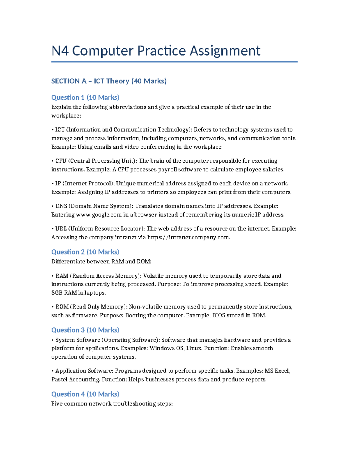 N4 Computer Practice Assignment: ICT Theory & Troubleshooting Guide ...