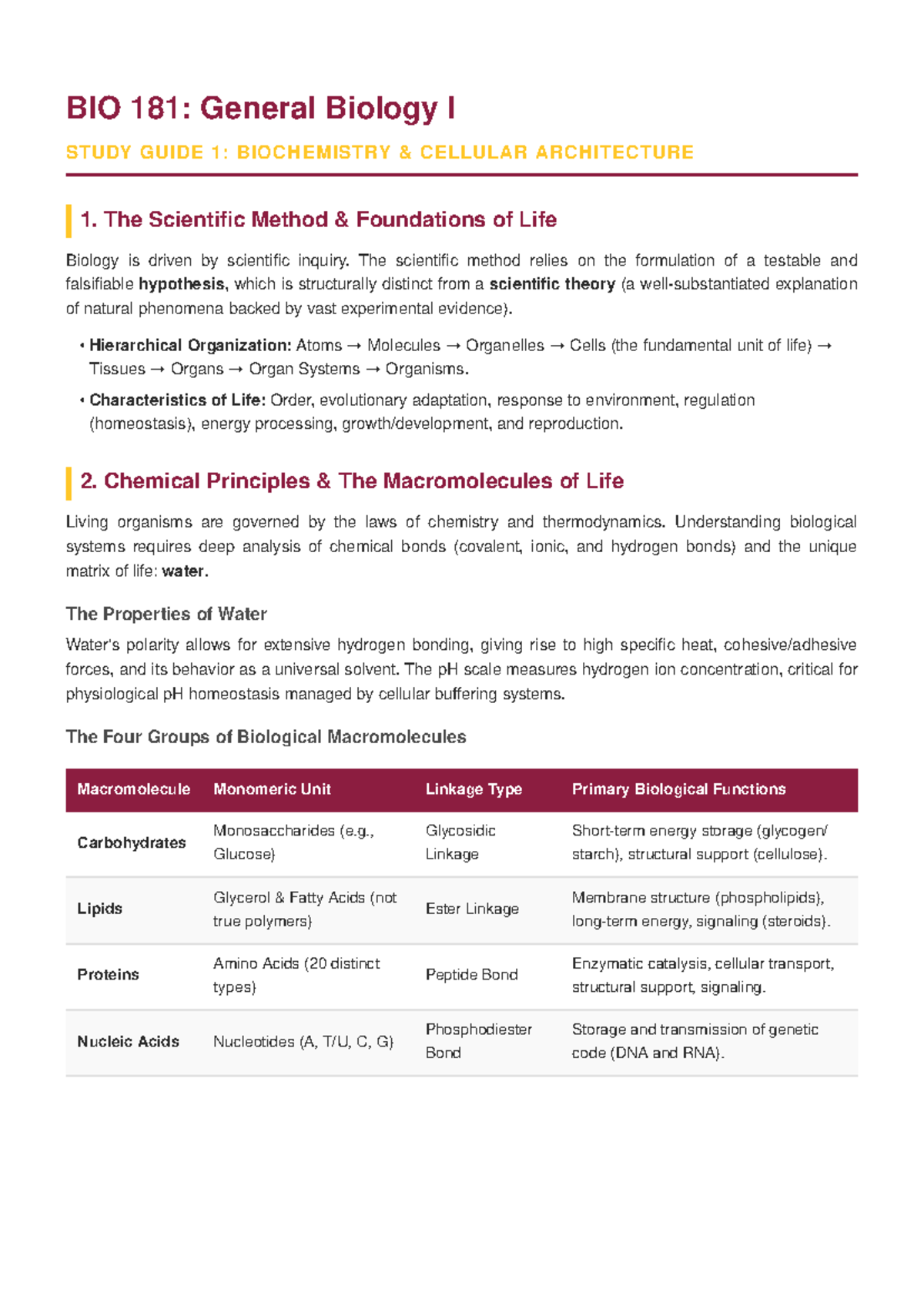 ASU BIO 181 Study Guide 1: Biochemistry & Cellular Architecture - Studocu