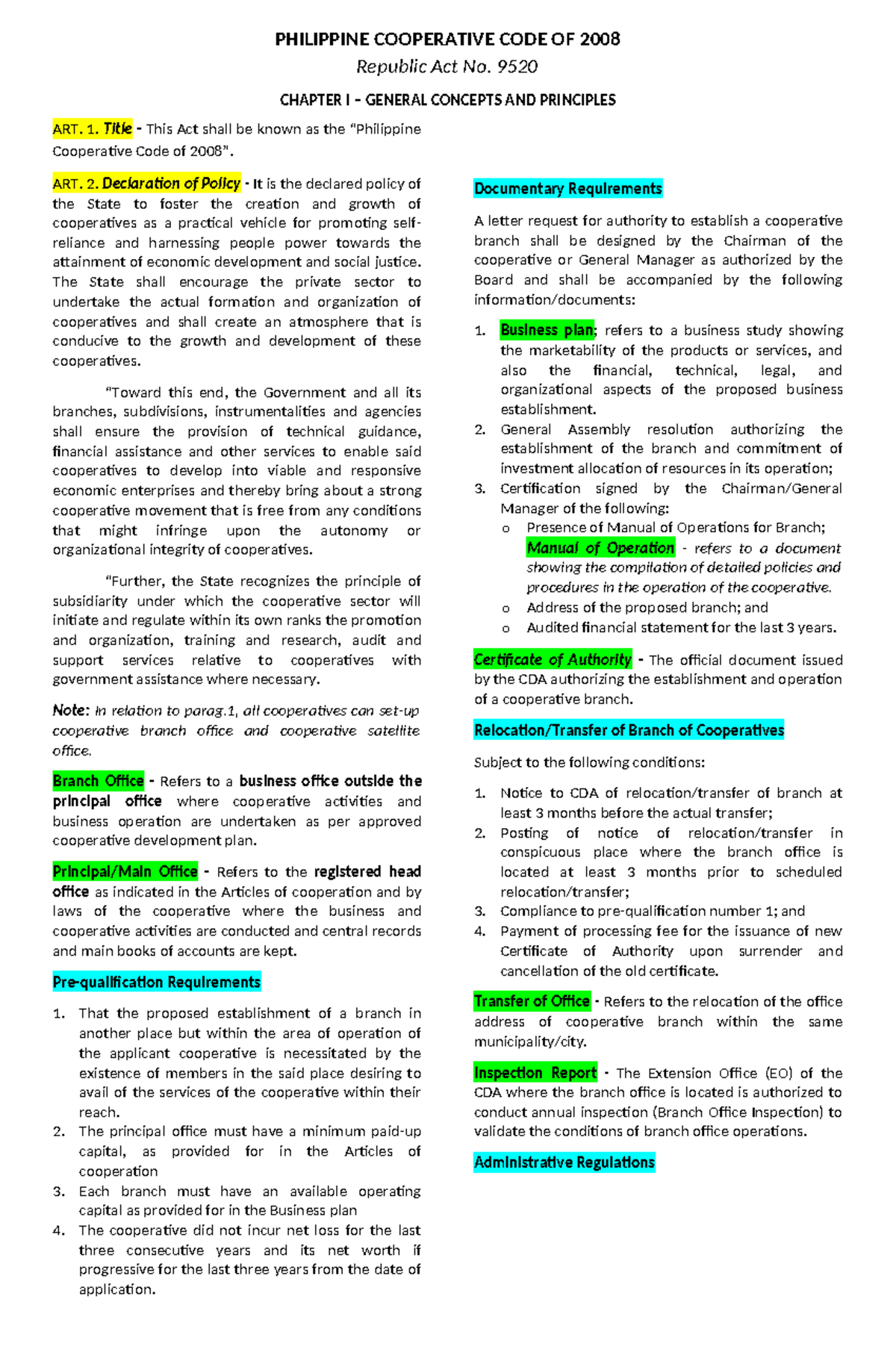 Ch 1-5 - notes - PHILIPPINE COOPERATIVE CODE OF 2008 Republic Act No ...