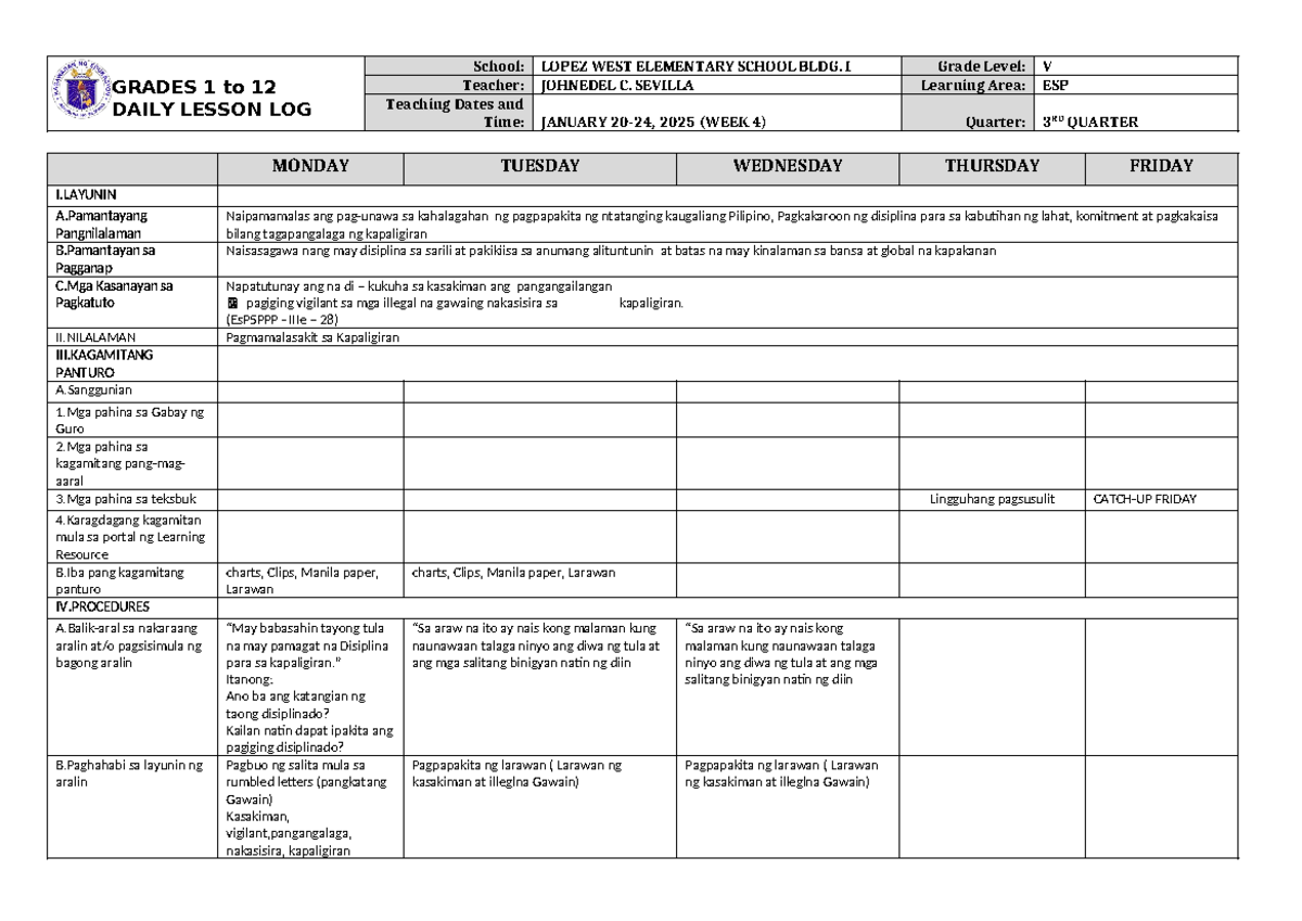 DLL ESP 5 Q3 W4 - ESP DAILY LESSON LOG QUARTER 3 WEEK 4 - GRADES 1 to 12 DAILY LESSON LOG School ...