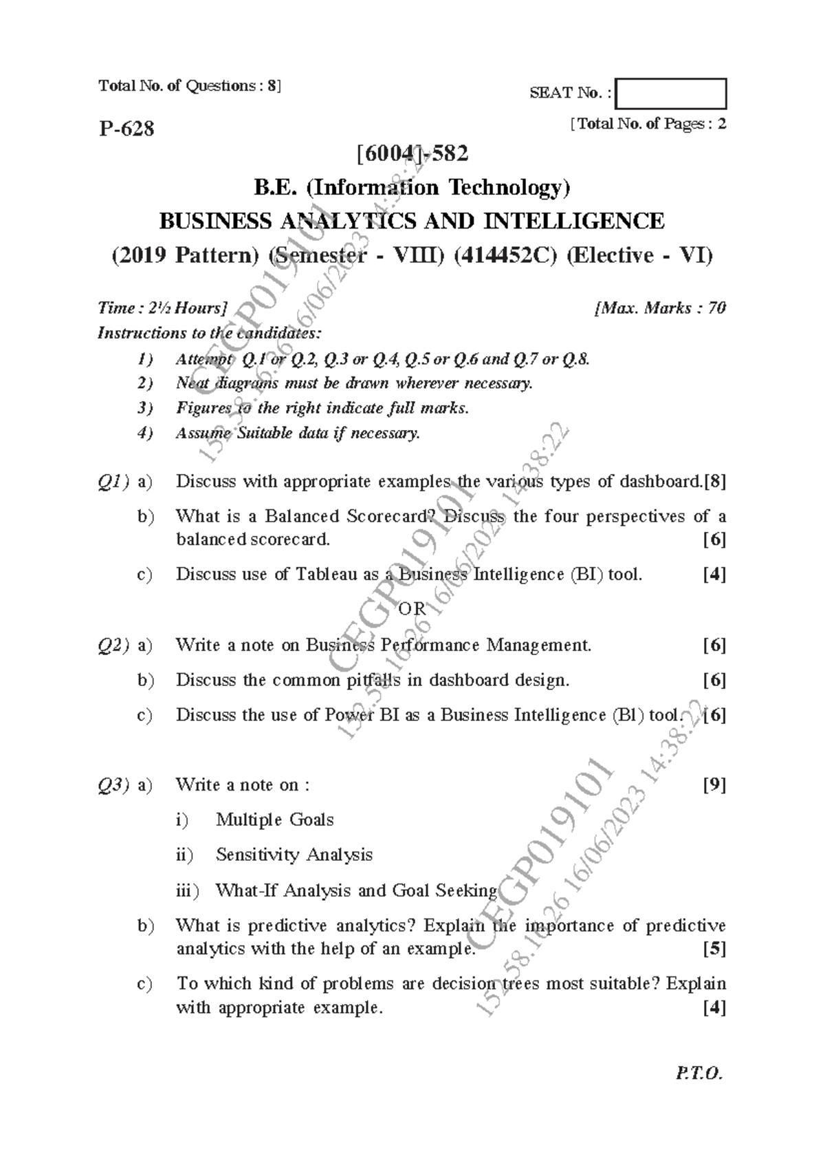 B.E. (IT) Business Analytics & Intelligence Exam Paper (414452C) - Studocu