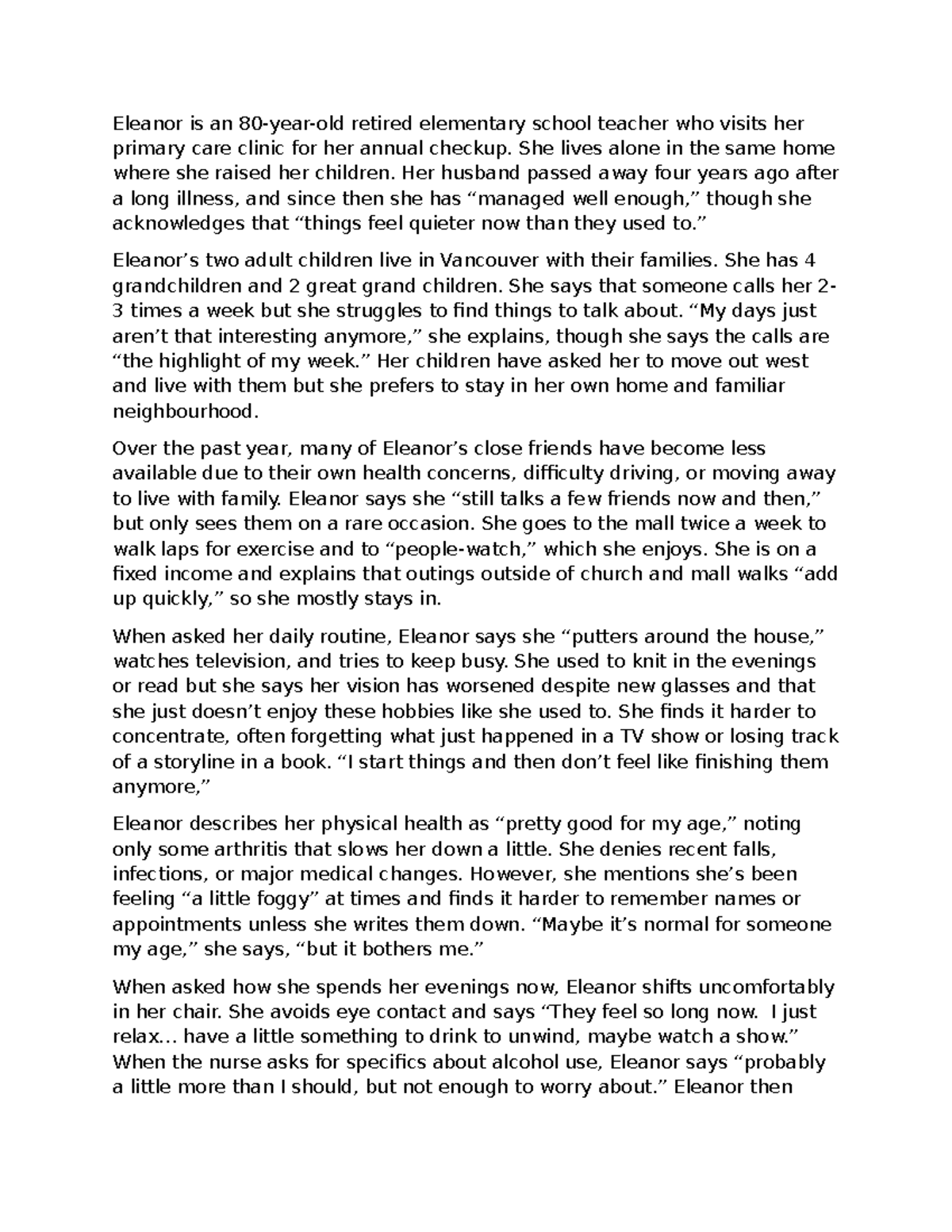 Case Study: Eleanor's Annual Checkup and Social Well-being - Studocu